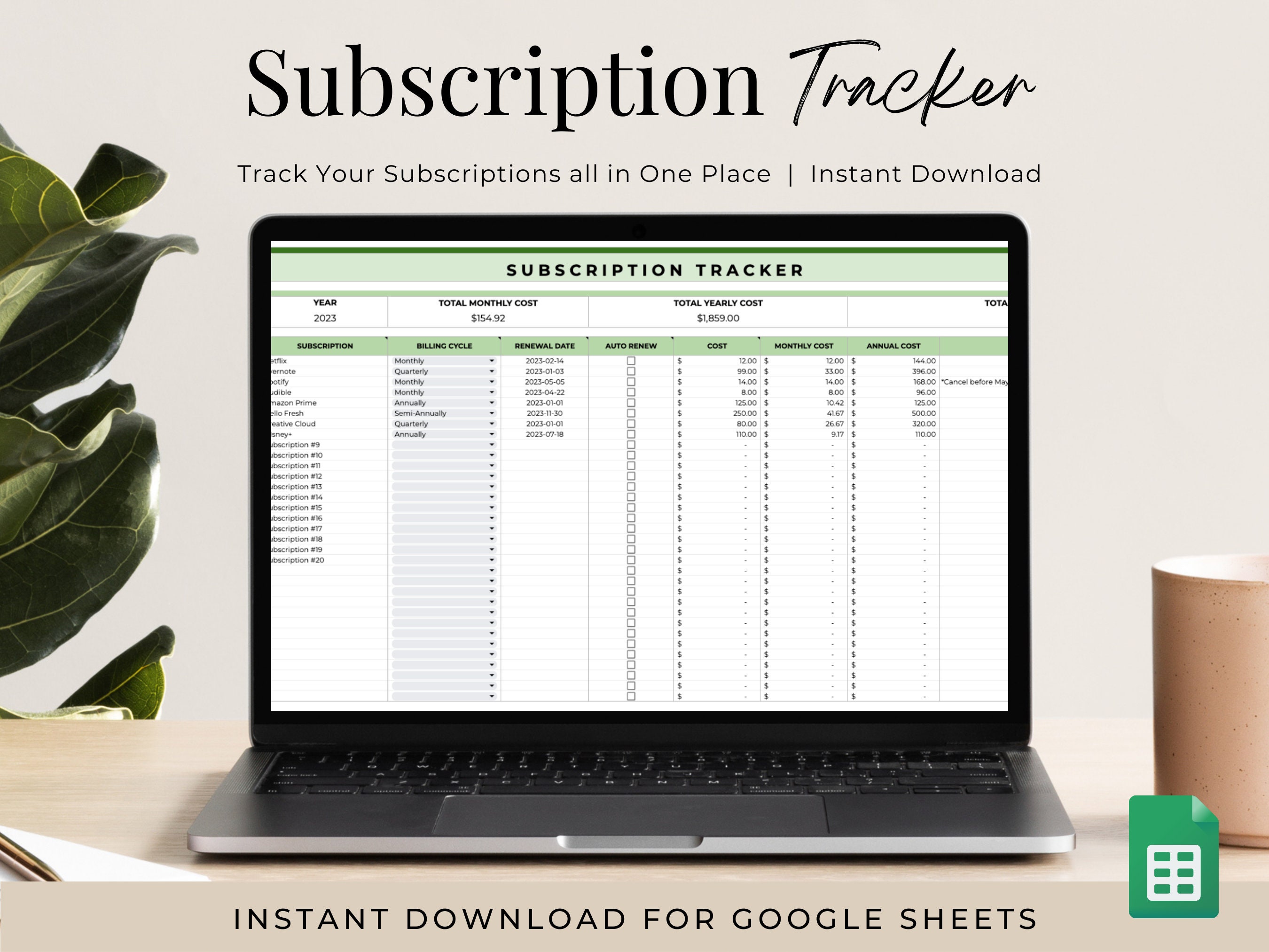 Subscription Tracker Spreadsheet, Google Sheets, Finance Planner ...