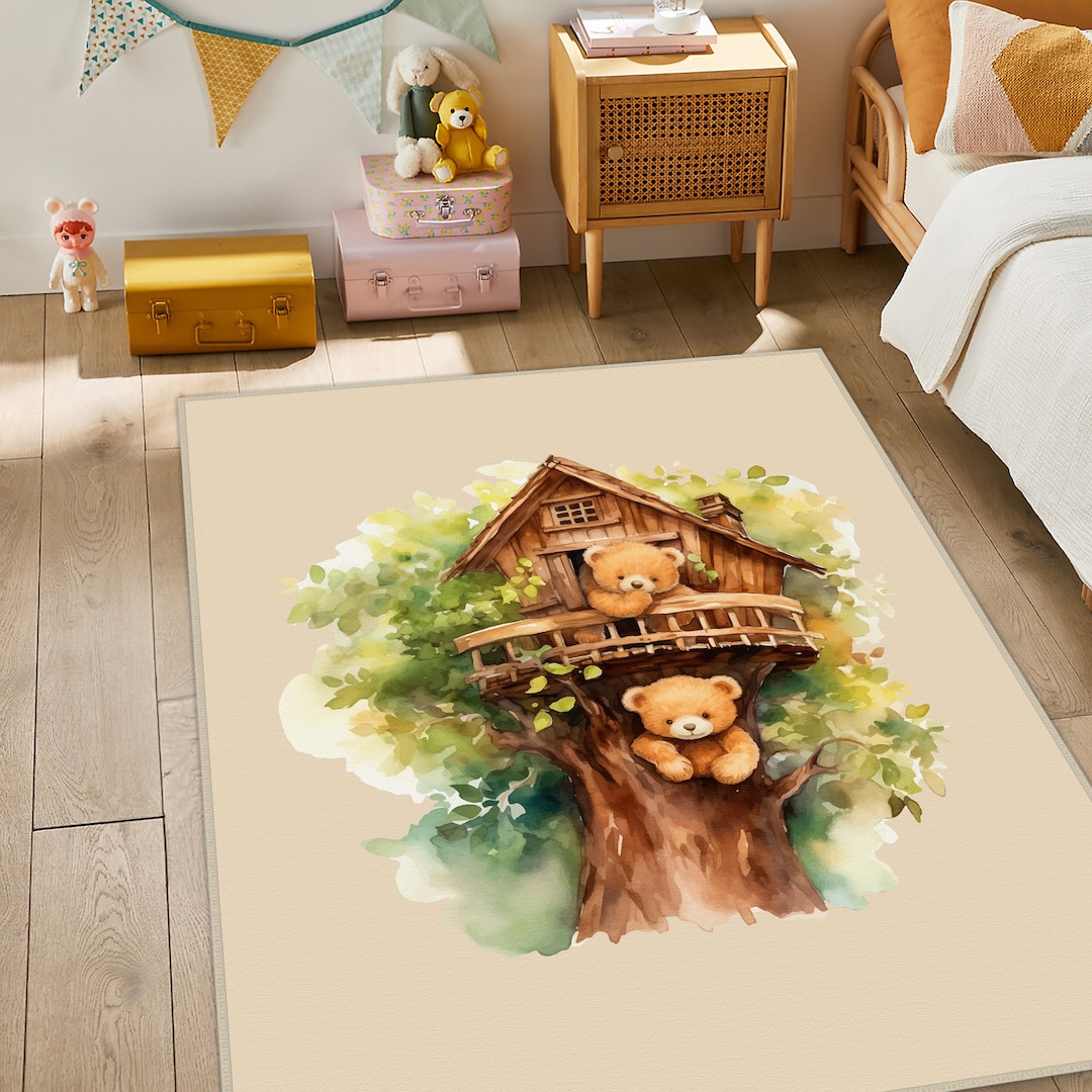 Teddy Bear Kids Carğet, Bear Play Mat, Tree Kids Rug, Bear Kids Room ...