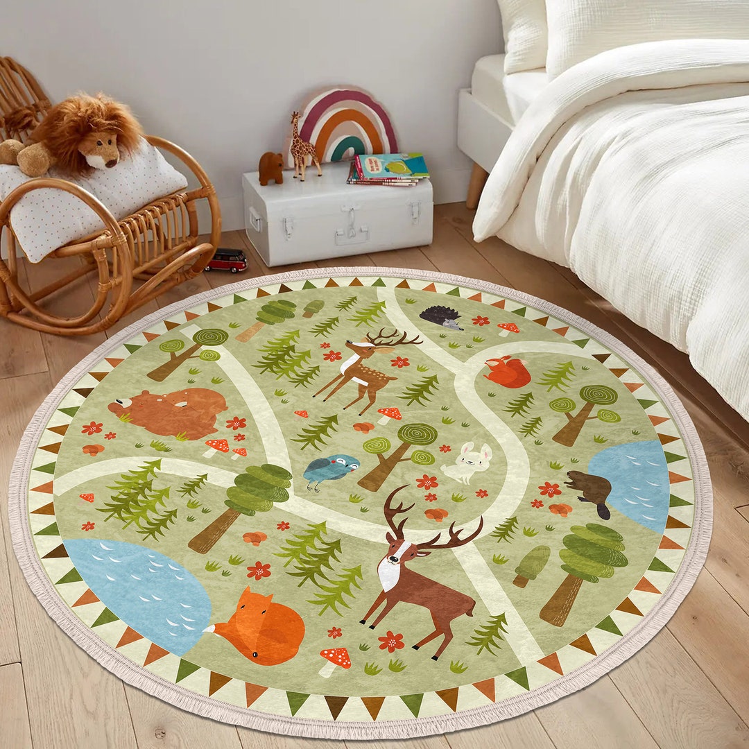 Animal Kingdom Kids Room Carpet Tree Flower Deer Pattern - Etsy