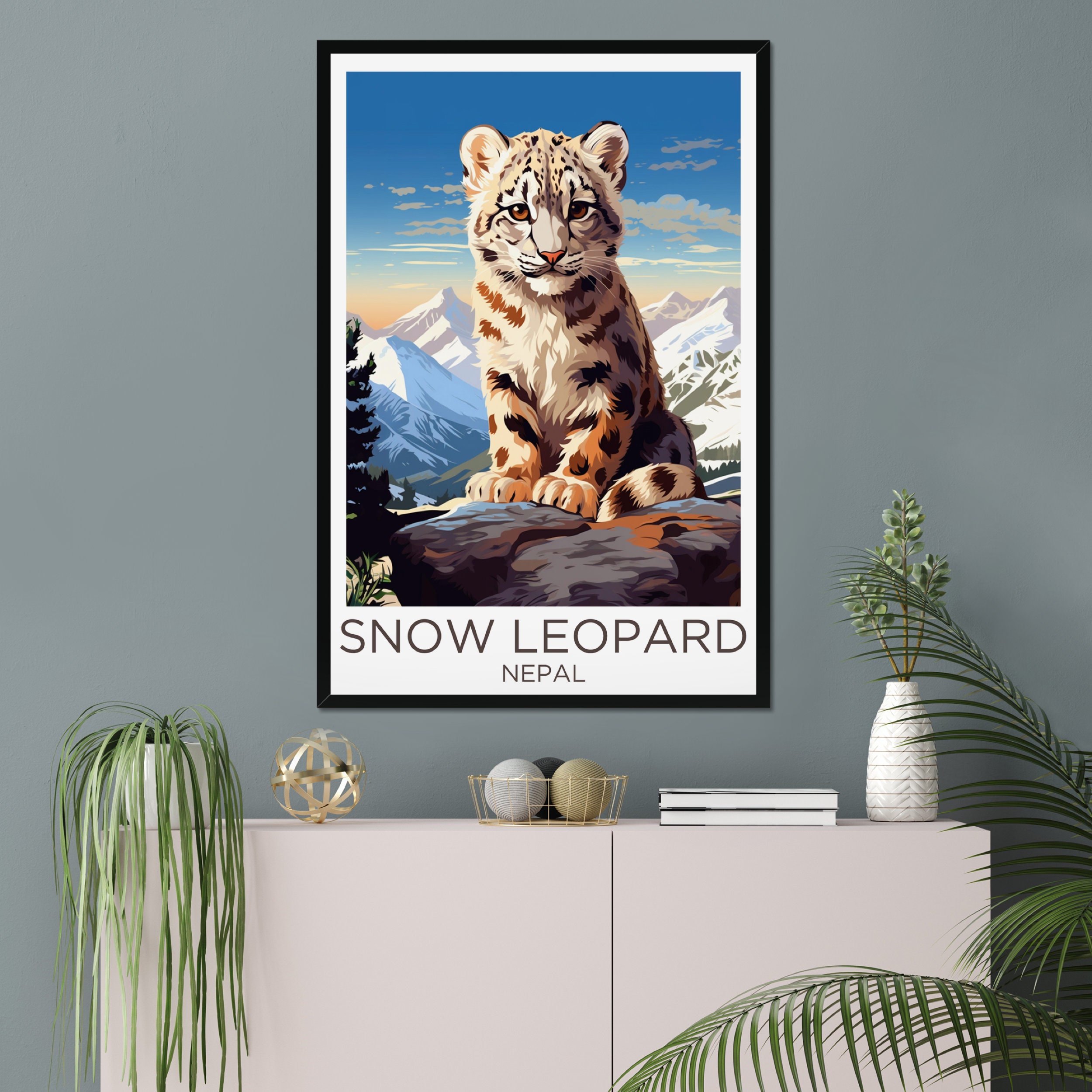 Snow Leopard Cub Animal Wall Art Big Cat Winter Jaguar Mountains Poster ...