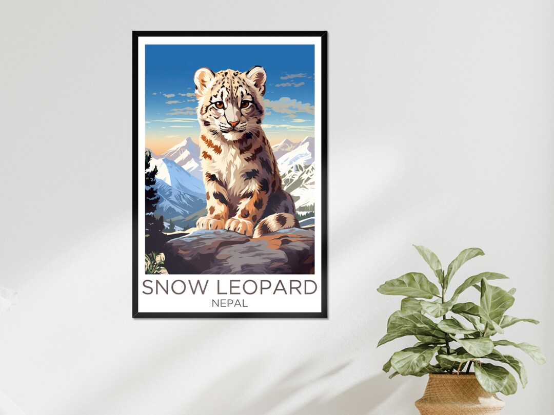 Snow Leopard Cub Animal Wall Art Big Cat Winter Jaguar Mountains Poster ...