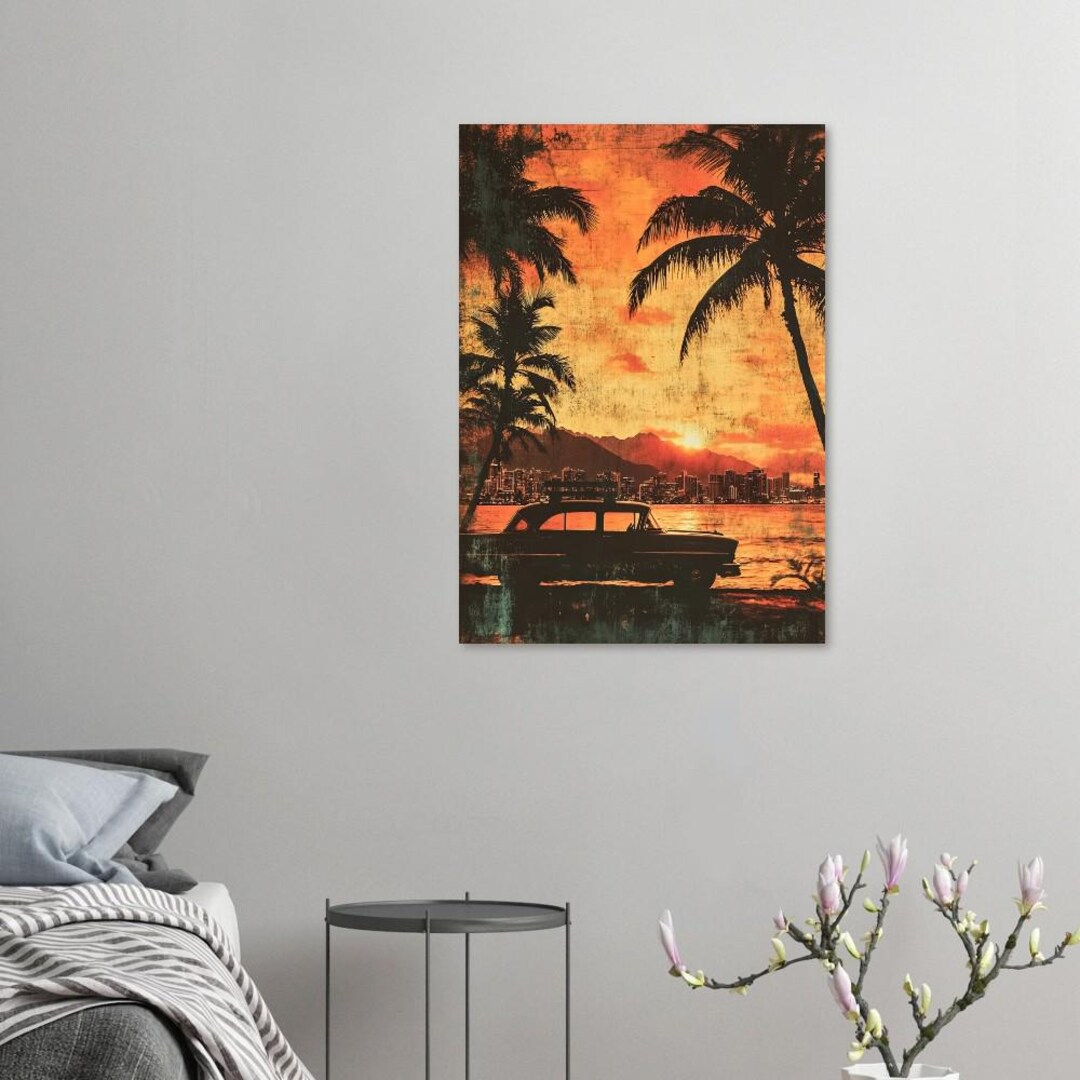 Vintage Sunset Premium Poster With Classic Vintage Car Art Print ...