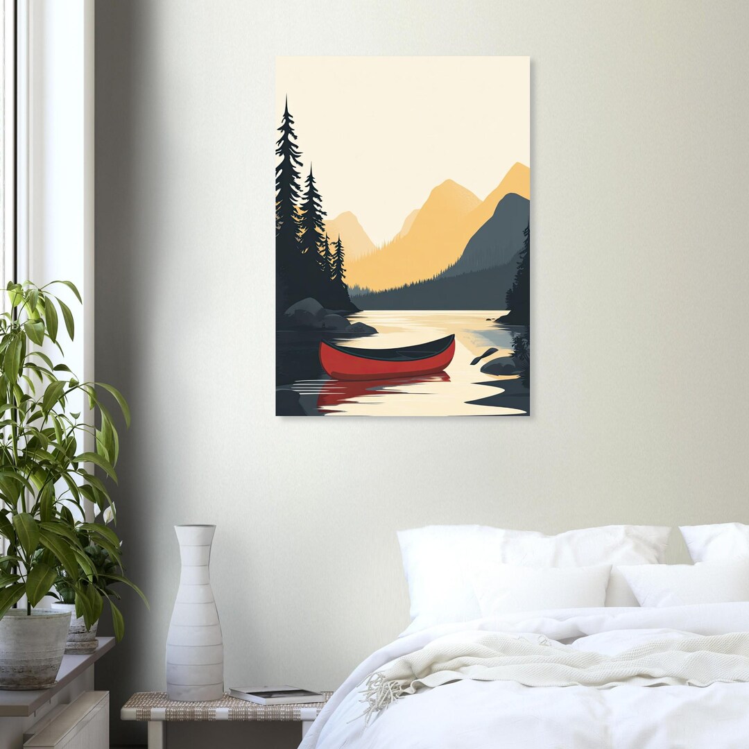 Canoe Premium Poster Wall Picture, Nature Art Print, Lake and Mountains ...