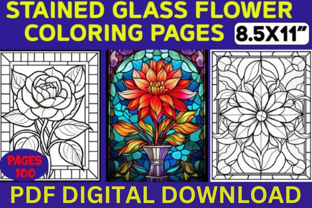 100 Stained Glass Flower Coloring Pages for Children and Adults/digital ...