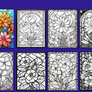 100 Stained Glass Flower Coloring Pages for Children and Adults/digital ...