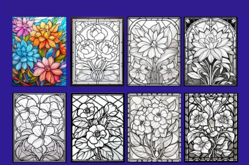 100 Stained Glass Flower Coloring Pages for Children and Adults/digital ...