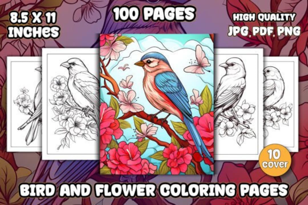 100 Bird and Flowers Coloring Pages for Adults and Children/digital ...