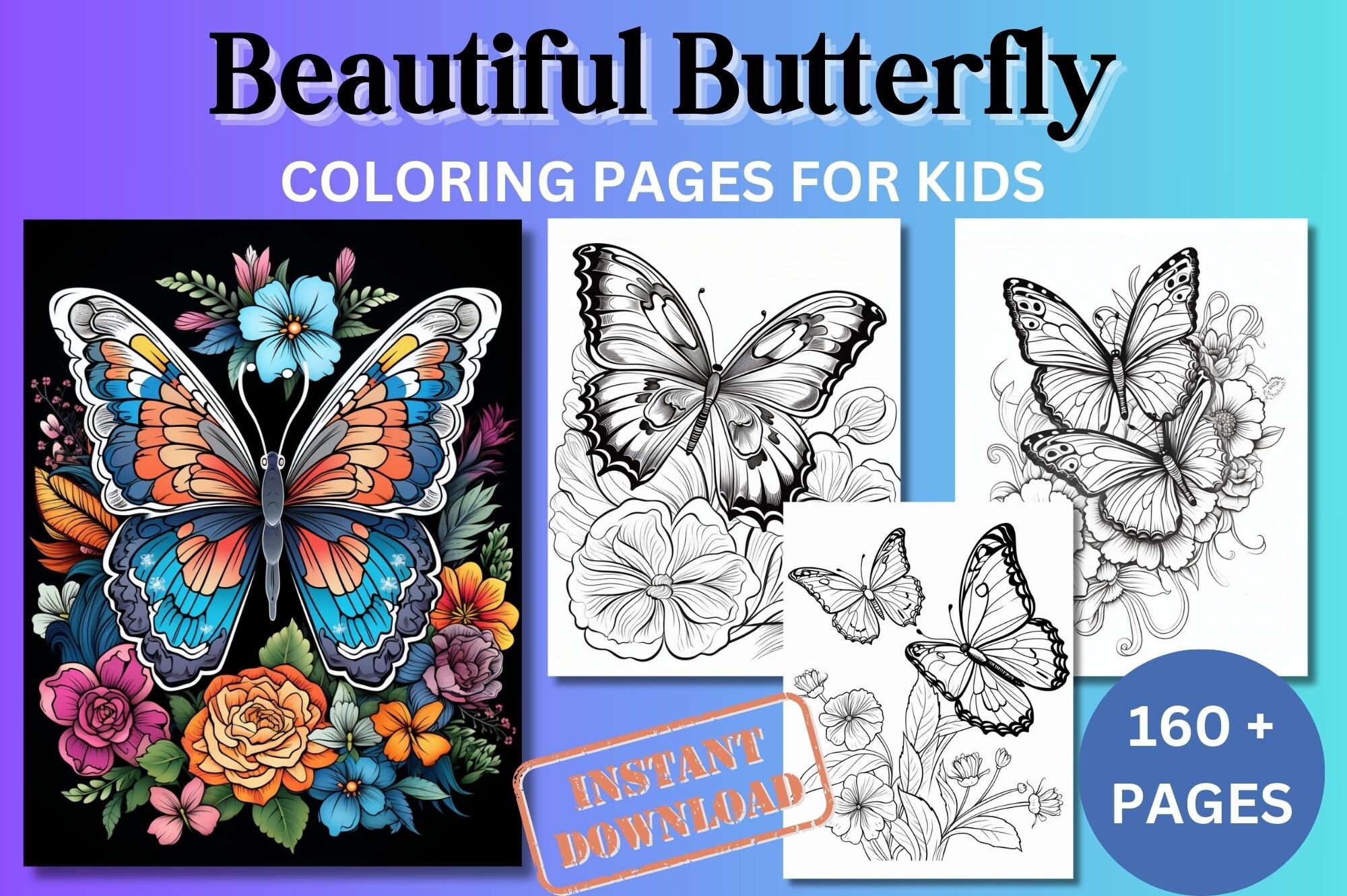 160 Beautiful Butterfly Coloring Pages for Kids and Adults/digital ...