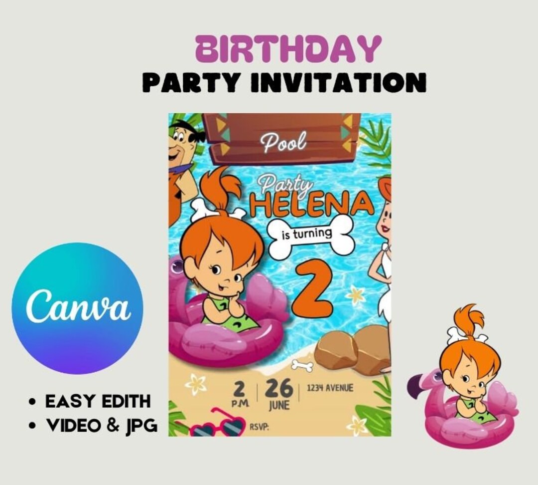 Summer Party Pebbles Birthday Invitation I Summer Flintstones Invite I ...