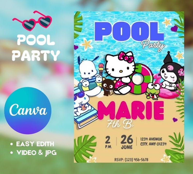 Pool Party Friends Kity Digital Invitation, Kuro Pool Birthday ...
