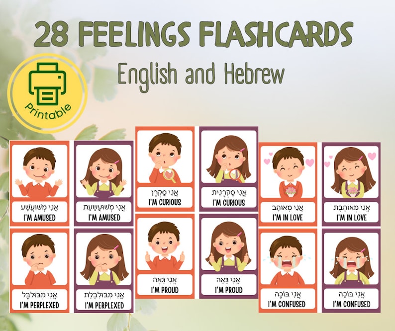 28 Feelings Flash Cards - Learn Hebrew, Printable Cards, Resource for ...