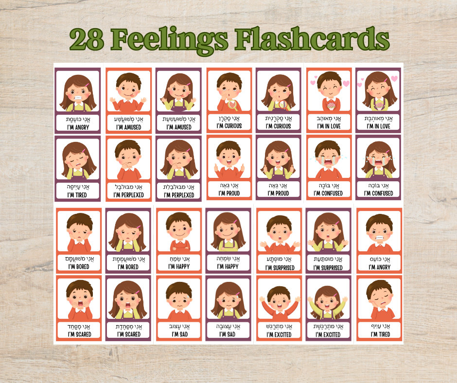 28 Feelings Flash Cards - Learn Hebrew, Printable Cards, Resource for ...