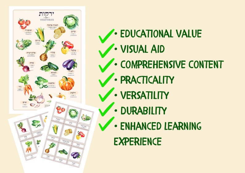 Vegetables Flash Cards, Digital Download Hebrew Vocabulary, Learn ...