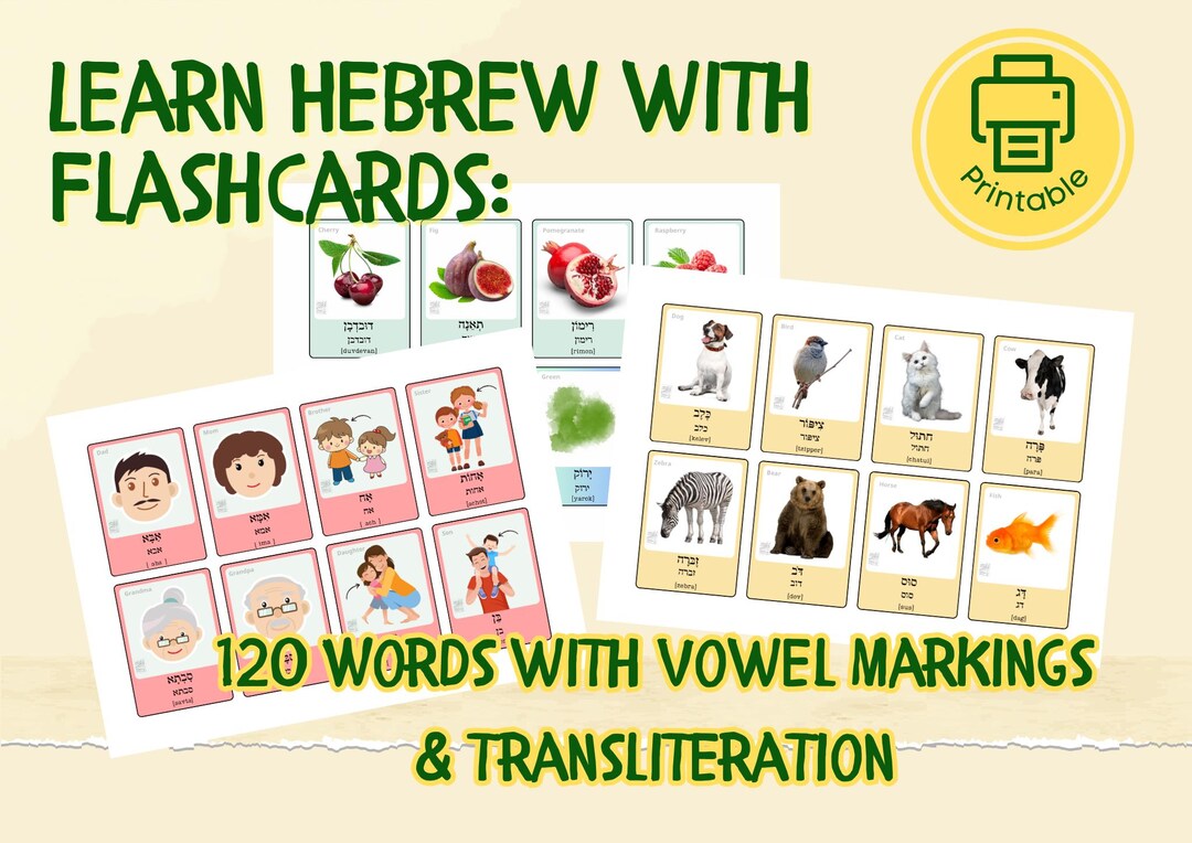 Hebrew Flash Cards | 120 Printable Cards | Hebrew Vocabulary | Learn ...