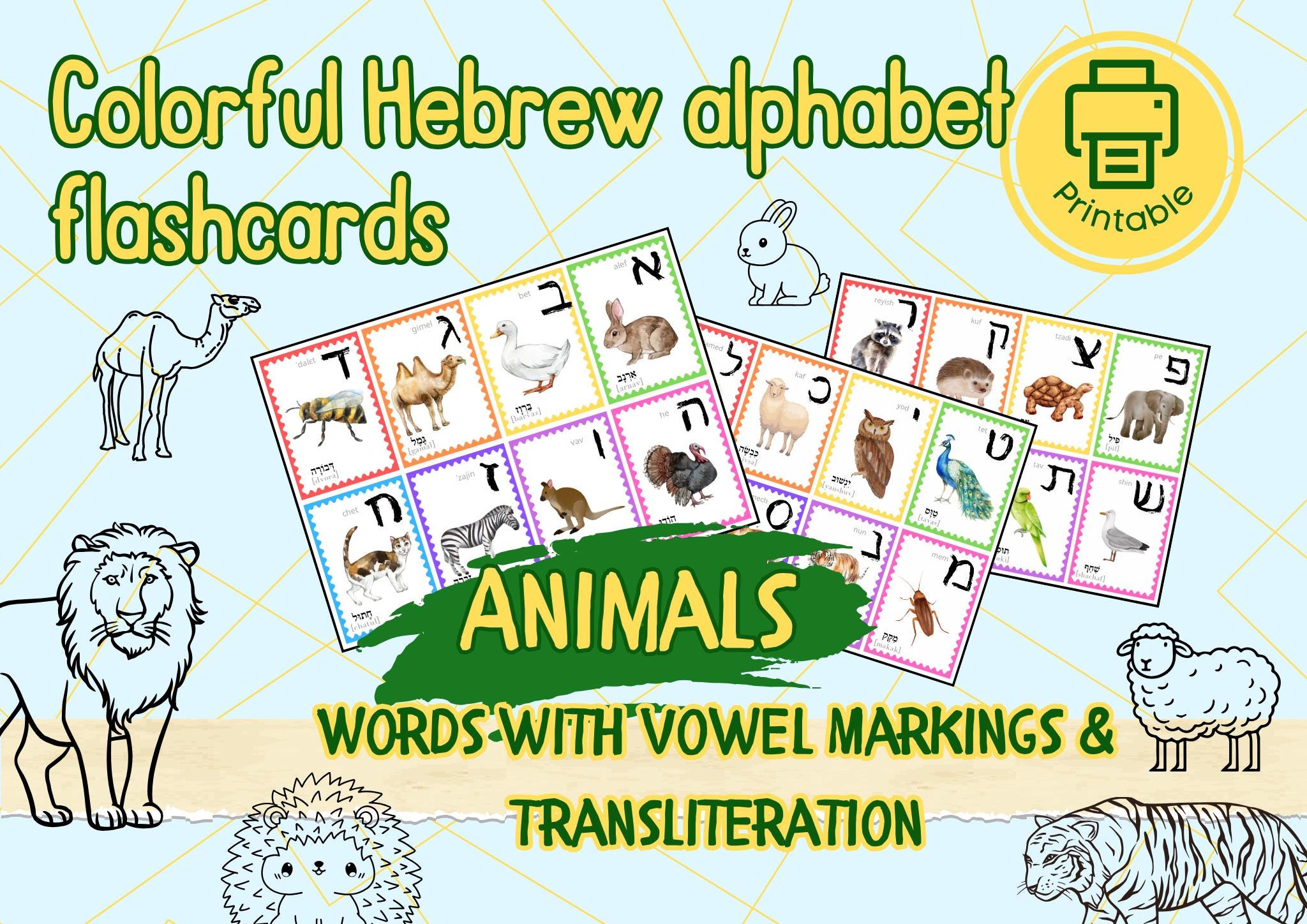 Animals Hebrew Alphabet Flash Cards: Fun Learning (digital Download) - Etsy