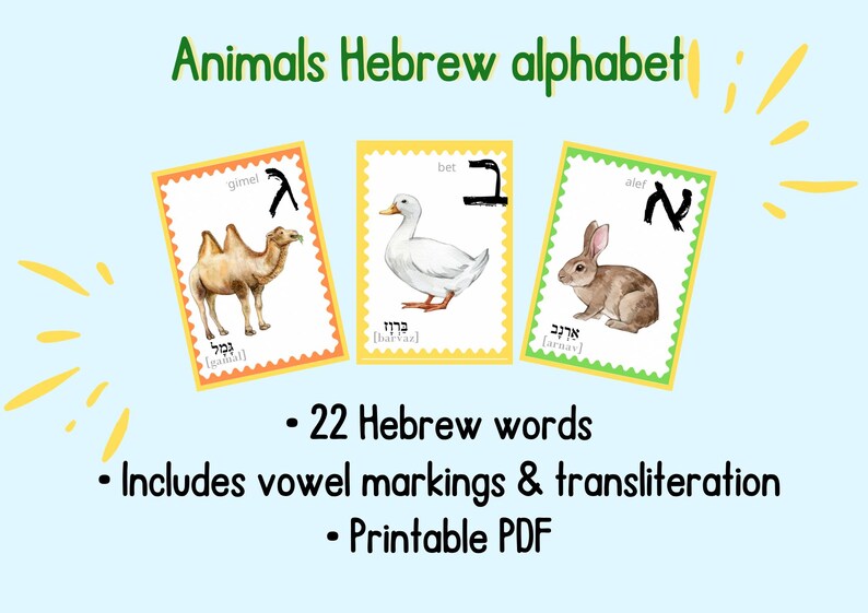 Animals Hebrew Alphabet Flash Cards: Fun Learning (digital Download) - Etsy