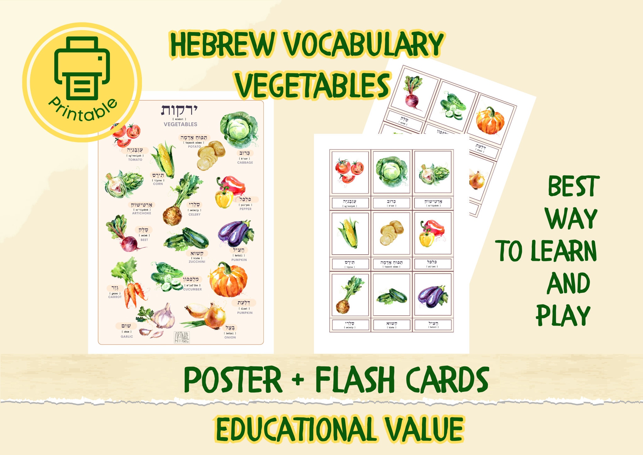 Vegetables Flash Cards, Digital Download Hebrew Vocabulary, Learn ...