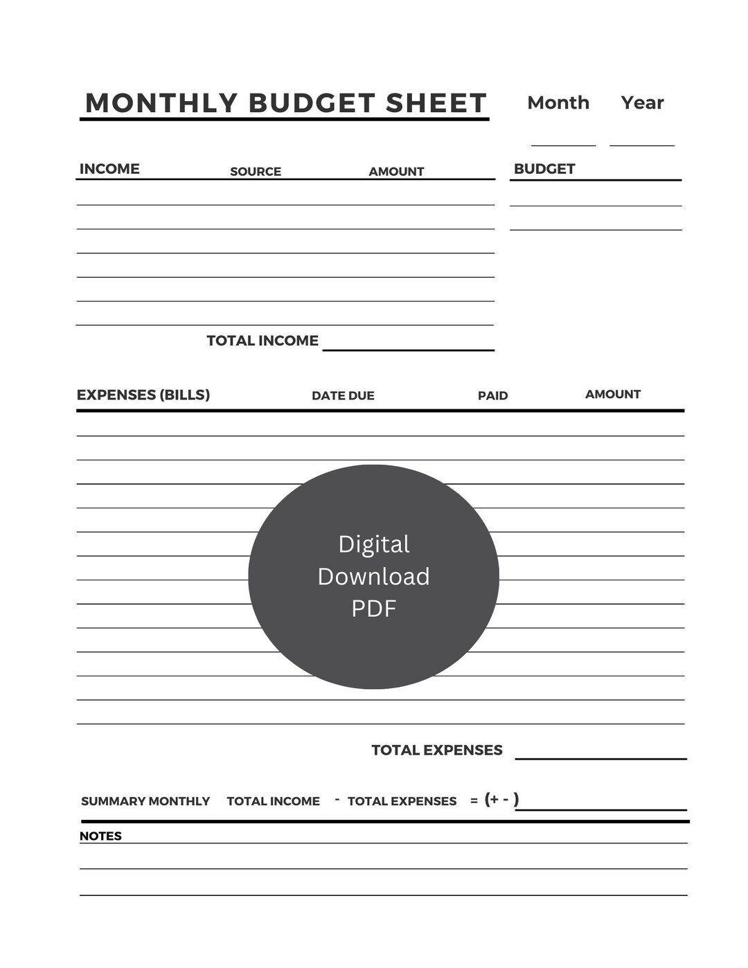 Monthly Budget Sheet - Financial Record Track Expenses Digital Download ...