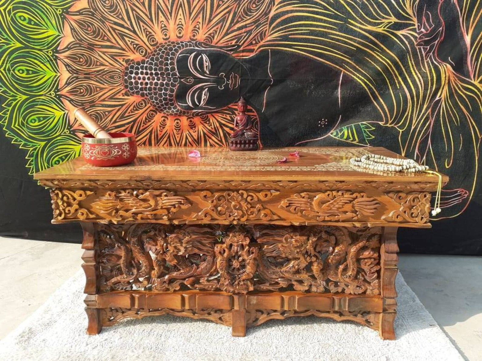 Large Dragon Handcarved Foldable Wooden Tibetan Buddhist Altar Table ...