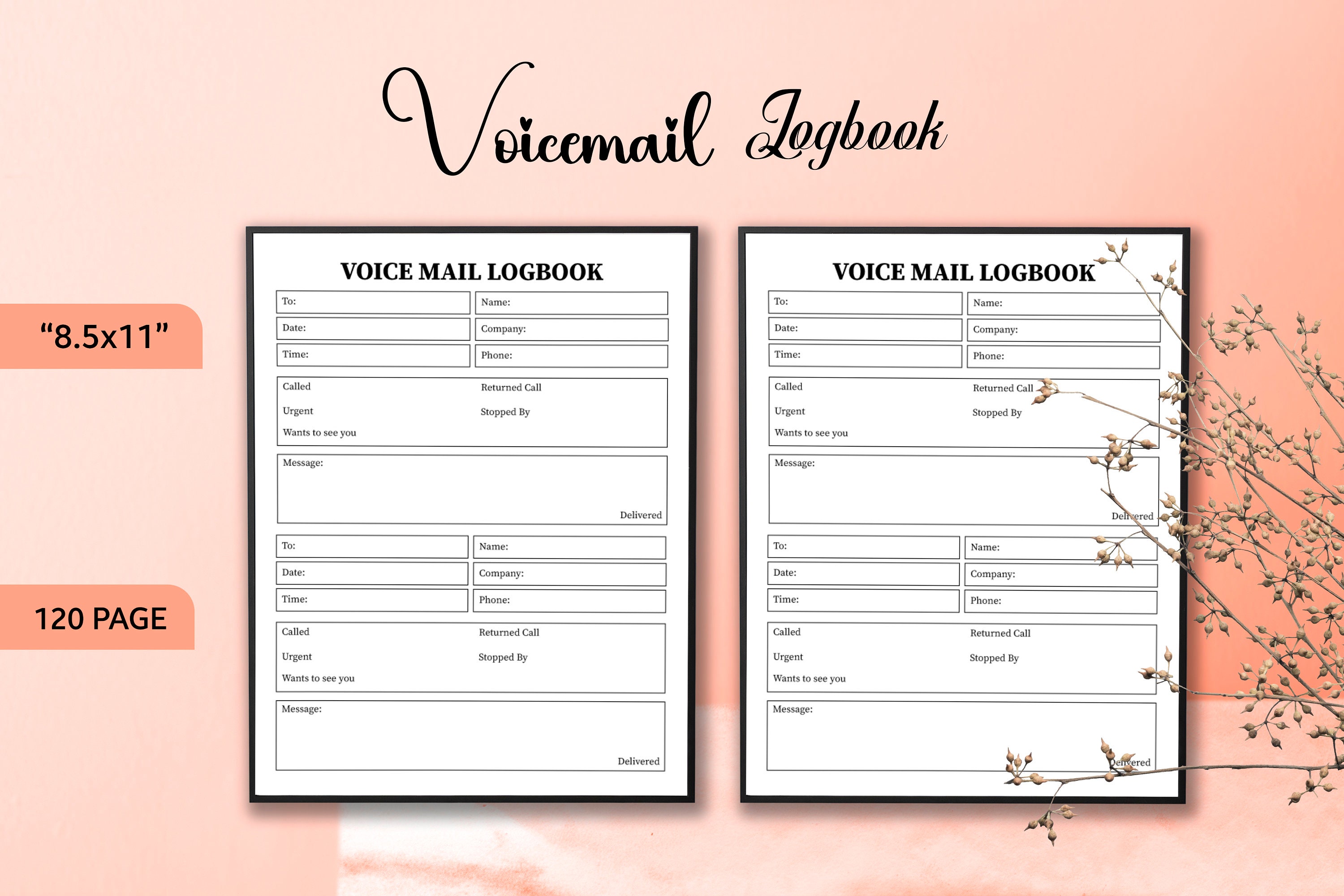 Voicemail Log Book, Voice Mail Journal, Voicemail Notebook, Printable ...