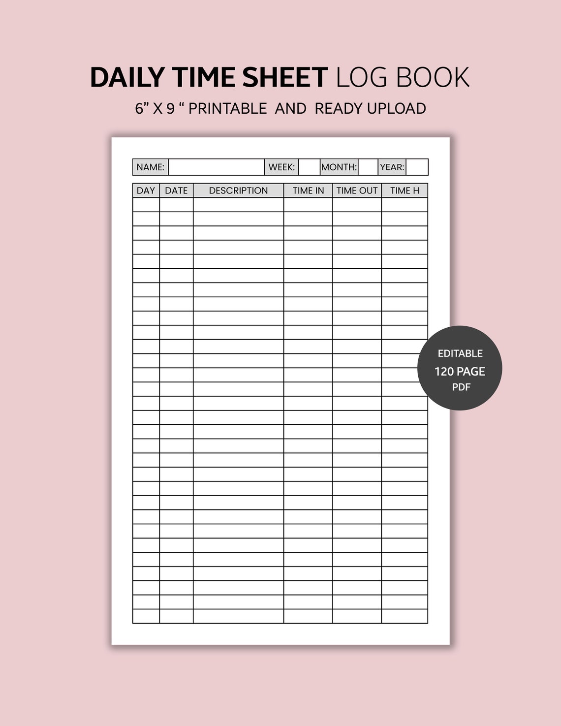Daily Time Log Note, Daily Time Log Sheet, Daily Planner Printable ...