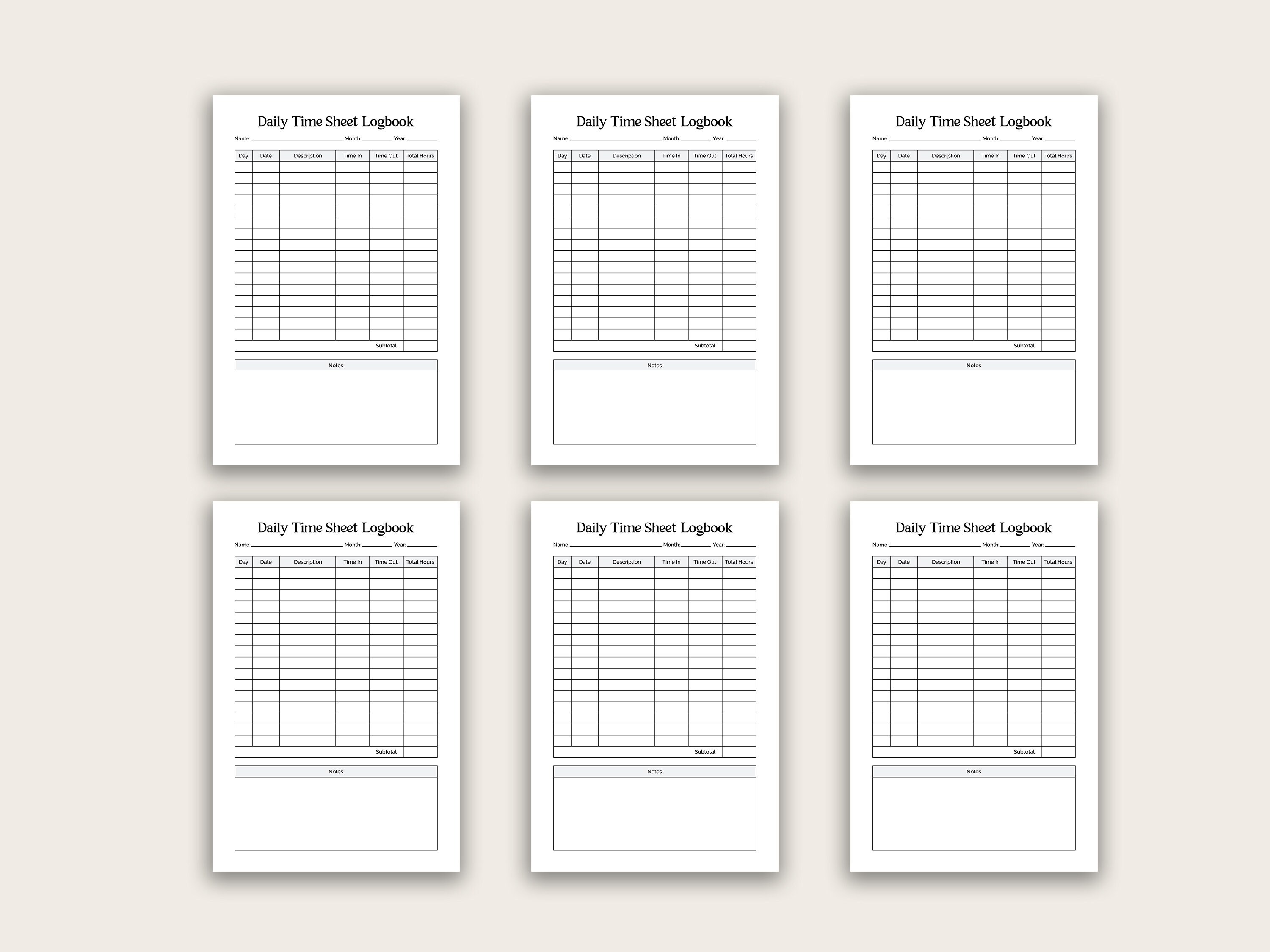 Daily Time Note Tracker , Daily Time Log Sheet, Work Day Schedule ...