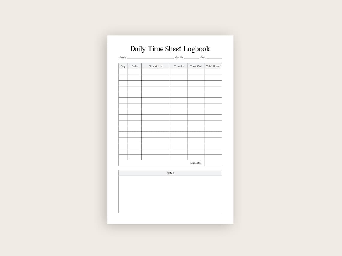 Daily Time Log Note, Daily Time Log Sheet, Work Day Schedule Printable ...