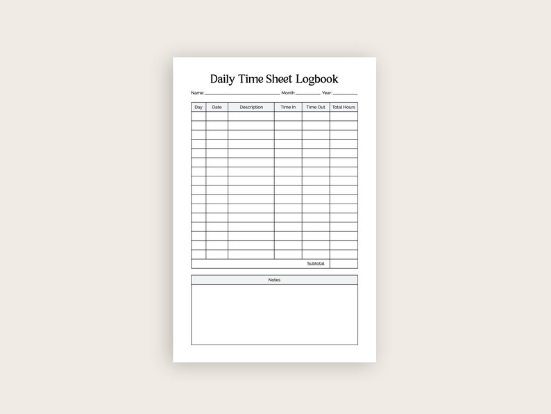 Daily Time Log Note, Daily Time Log Sheet, Work Day Schedule Printable ...