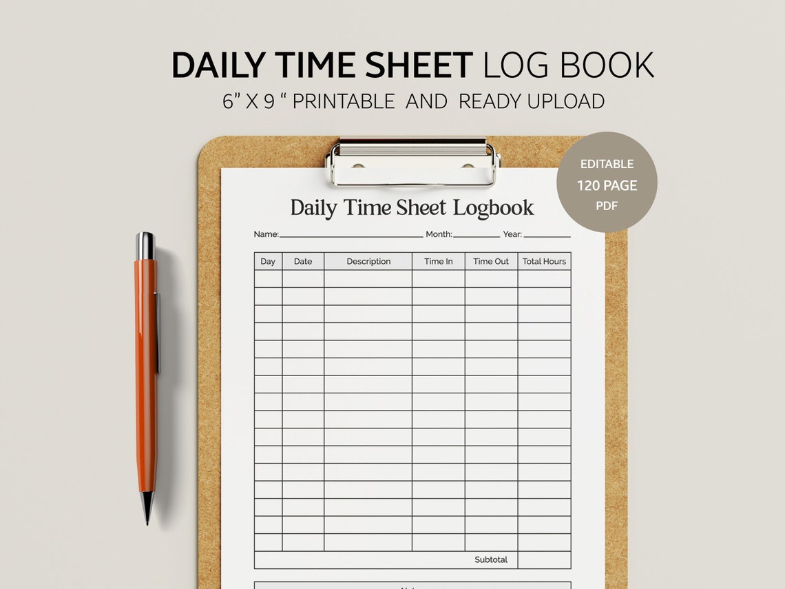 Daily Time Log Note, Daily Time Log Sheet, Work Day Schedule Printable ...