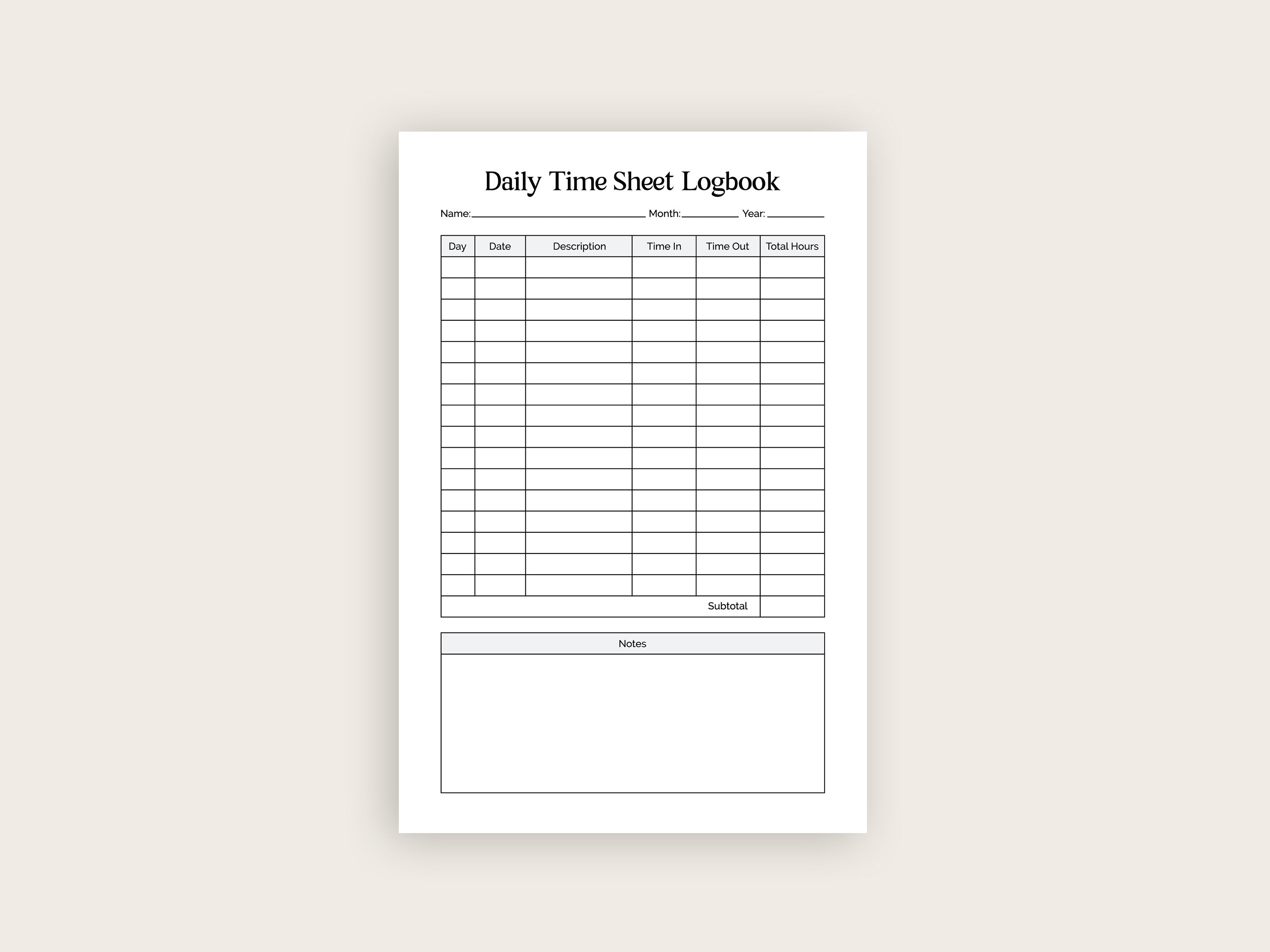 Daily Time Note Tracker , Daily Time Log Sheet, Work Day Schedule ...