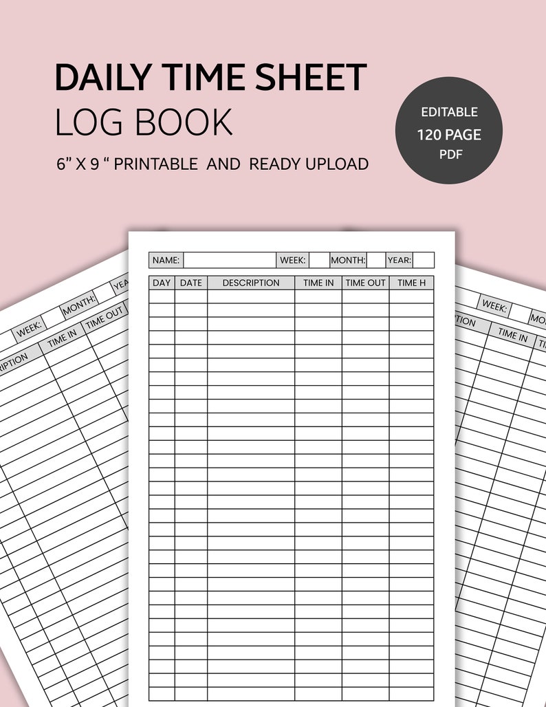 Daily Time Log Note, Daily Time Log Sheet, Daily Planner Printable ...