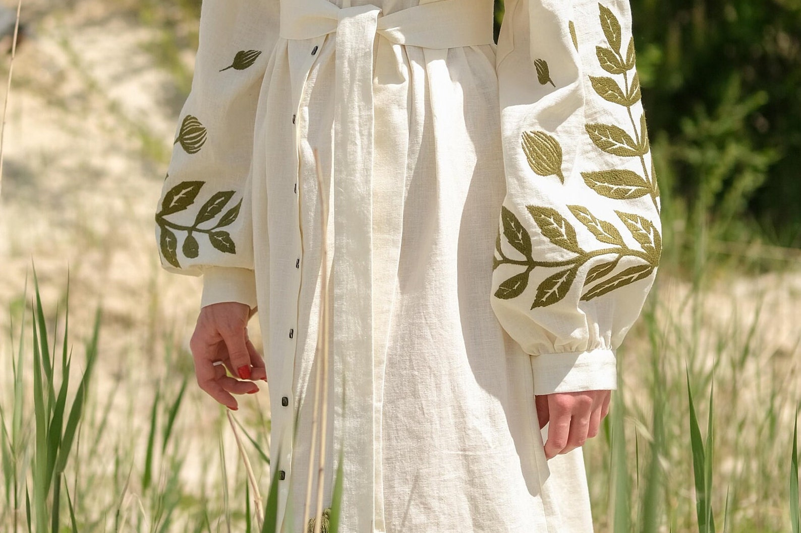 Rustic Natural Color Embroidered Linen Dress, Long Cottagecore Robe ...