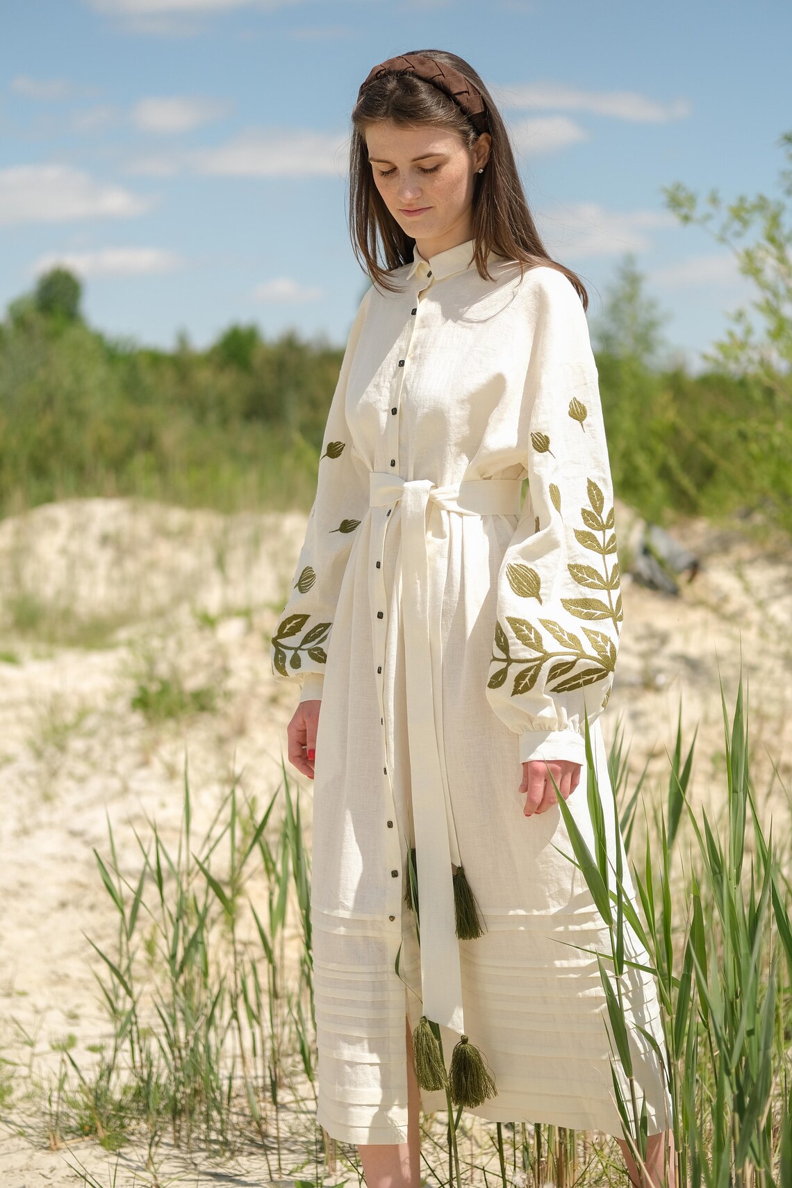 Rustic Natural Color Embroidered Linen Dress, Long Cottagecore Robe ...