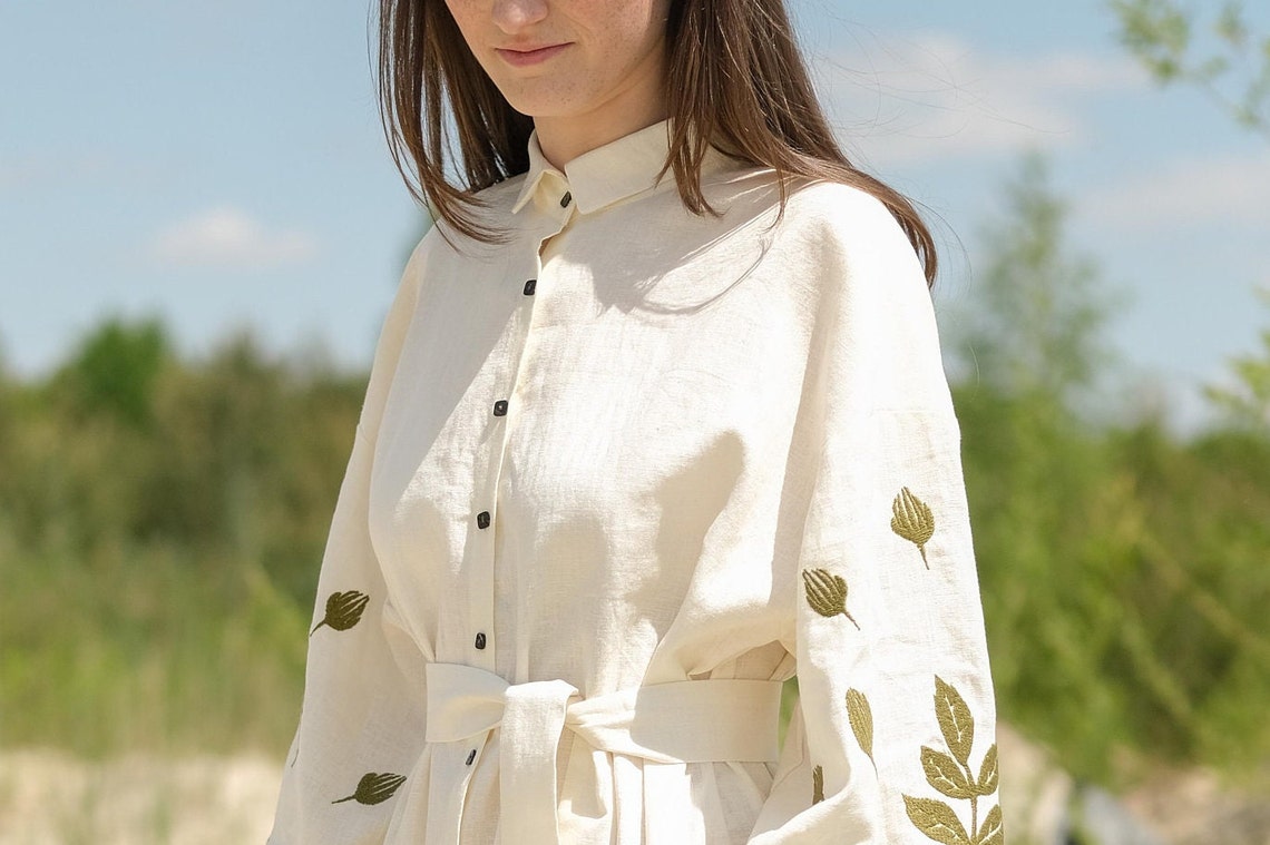 Rustic Natural Color Embroidered Linen Dress, Long Cottagecore Robe ...