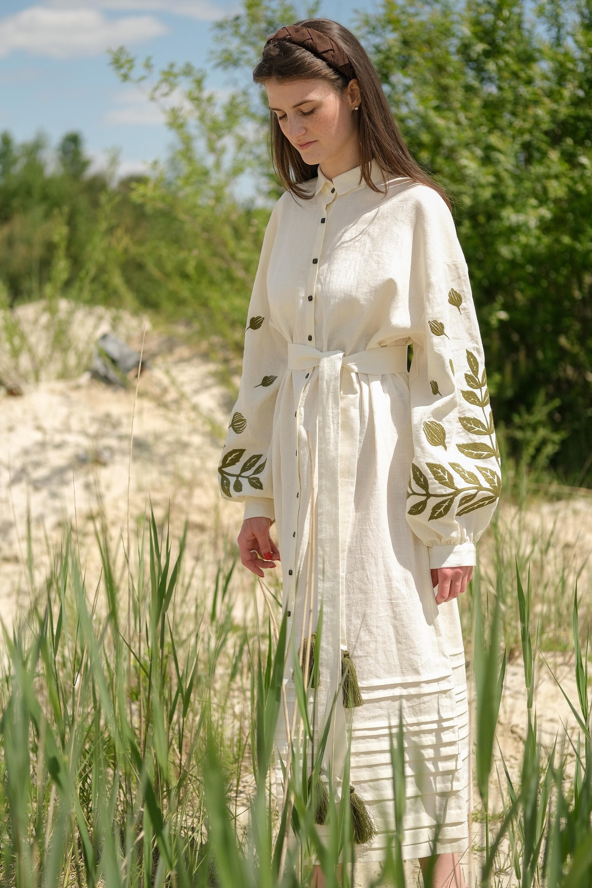 Rustic Natural Color Embroidered Linen Dress, Long Cottagecore Robe ...