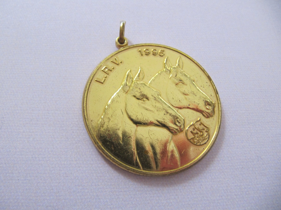 Art Medal Medallion Pendant Two Horses Shiney Golden Brass Tone ...