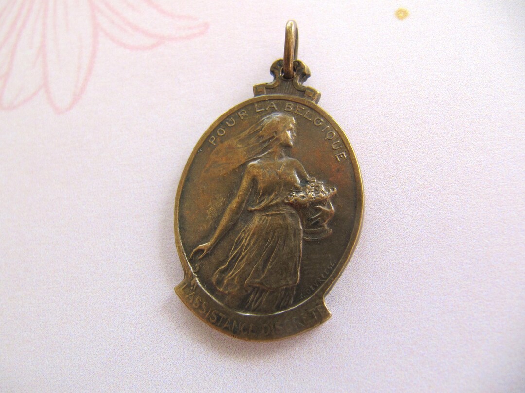 Antique Belgian Bronze Medal Pendant 1916 Pretty Young Girl Lady With ...