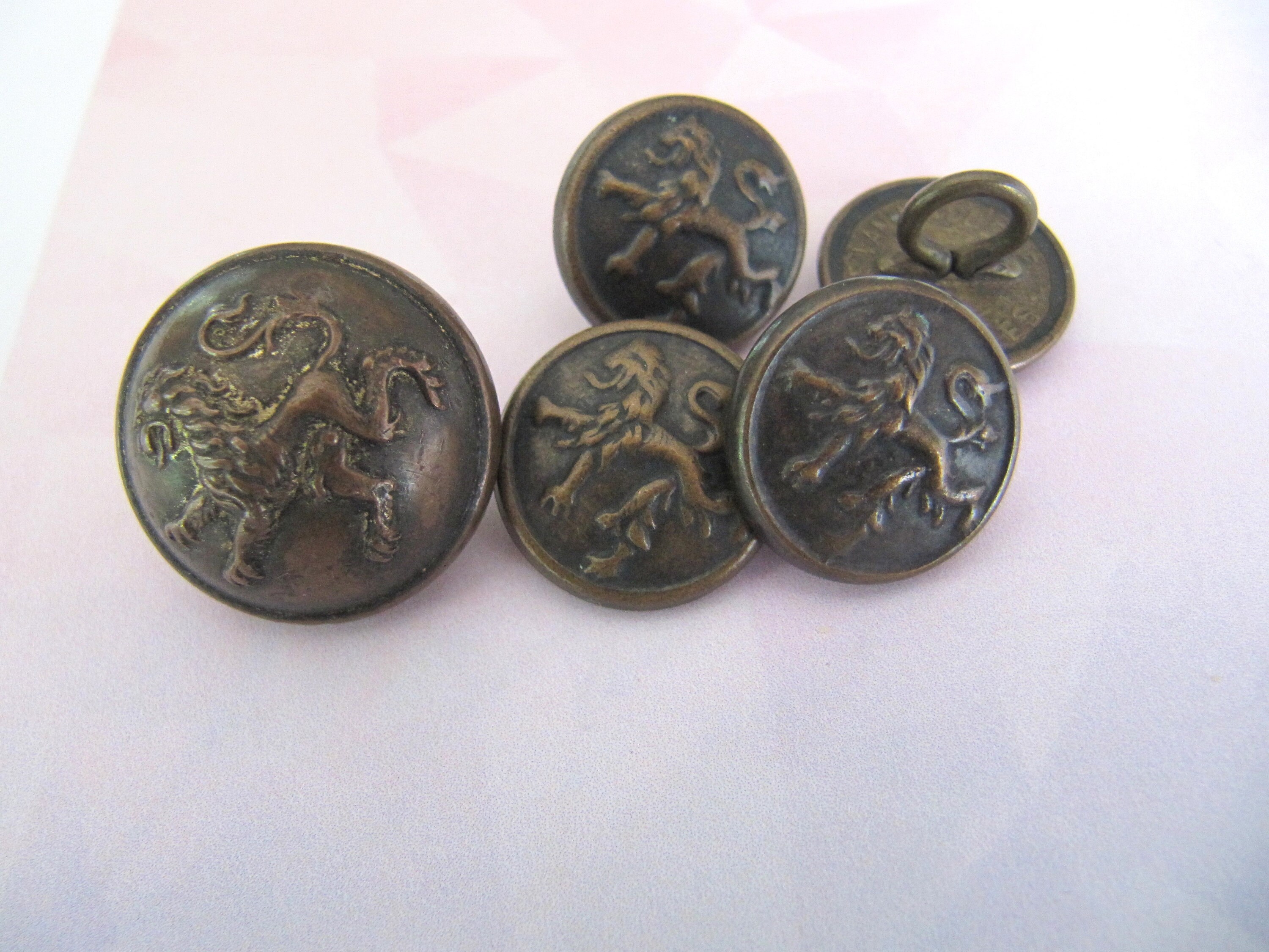5 Antique Brass Military Uniform Buttons, 4 From "f Van Malderen ...