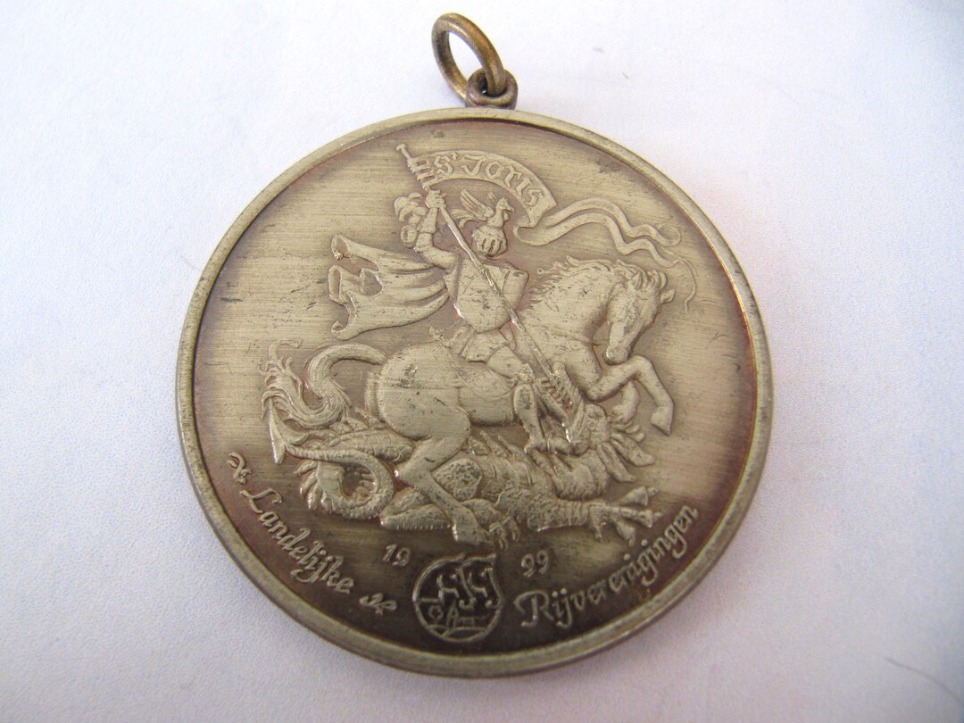Vintage Belgian Art Medal Pendant Saint George & Dragon 1999 Silvery ...