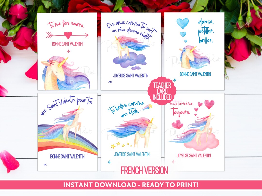 Printable FRENCH Kids Valentine Cards. Unicorn Valentines. Cartes De ...