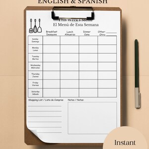 English & Spanish Version - Weekly Menu Planner Template Printable ...