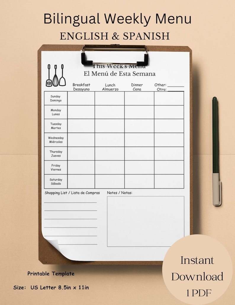 English & Spanish Version - Weekly Menu Planner Template Printable ...