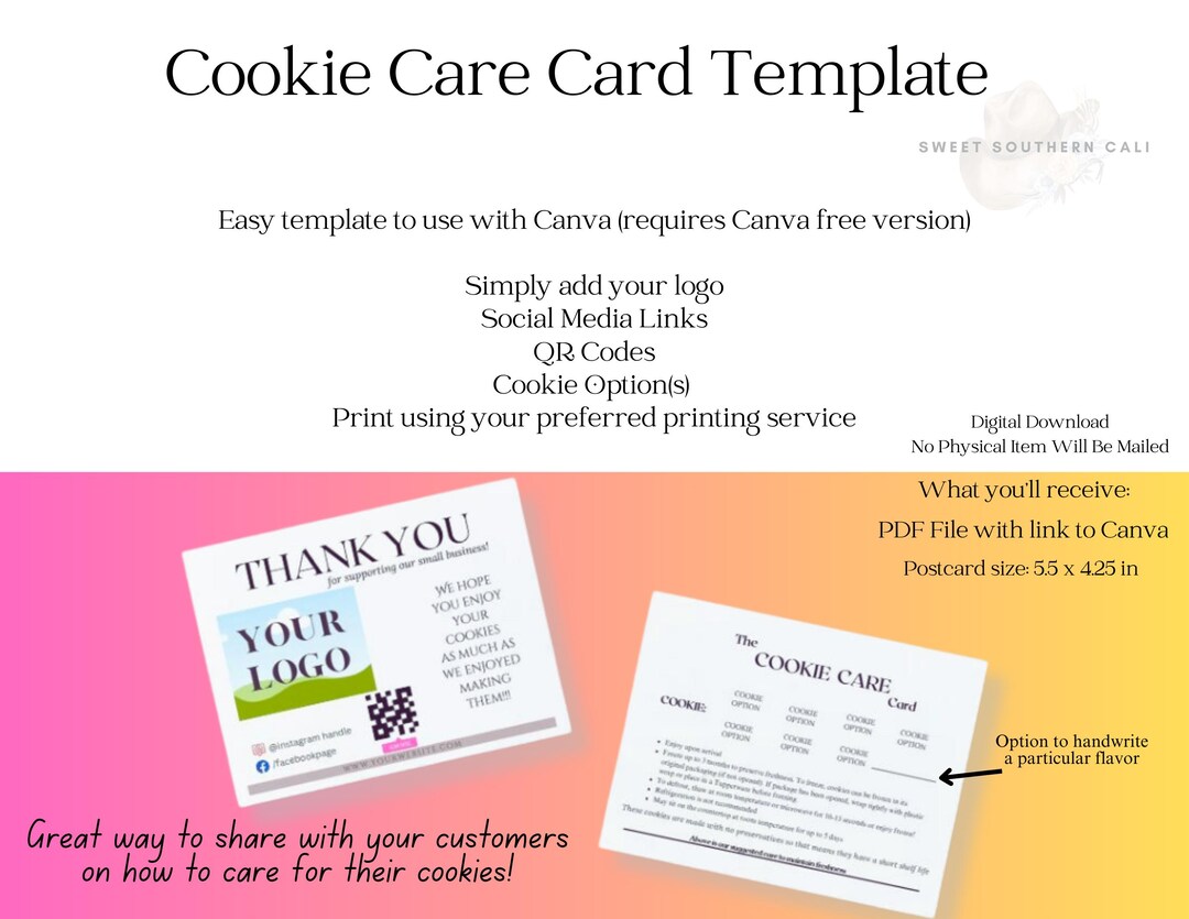 Cookie Care Card, Cookie Details, Care Instructions, Customize in Canva ...