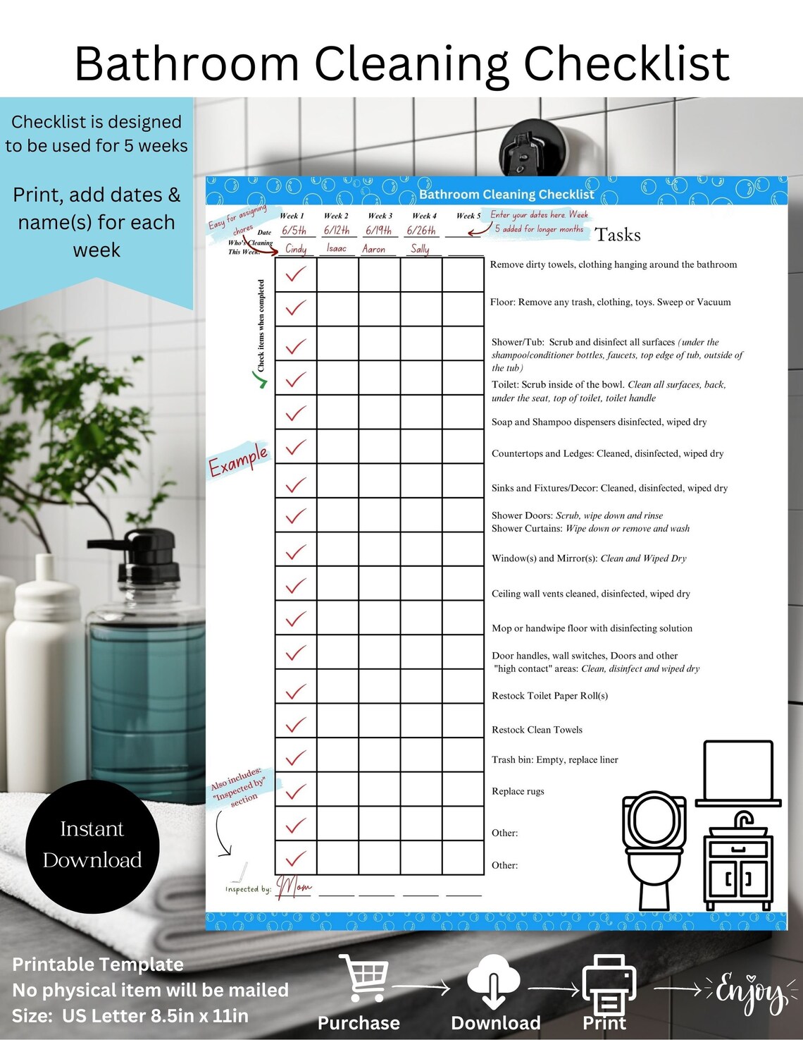 Bathroom Cleaning Checklist, Blank General Cleaning Checklist, Bundle ...