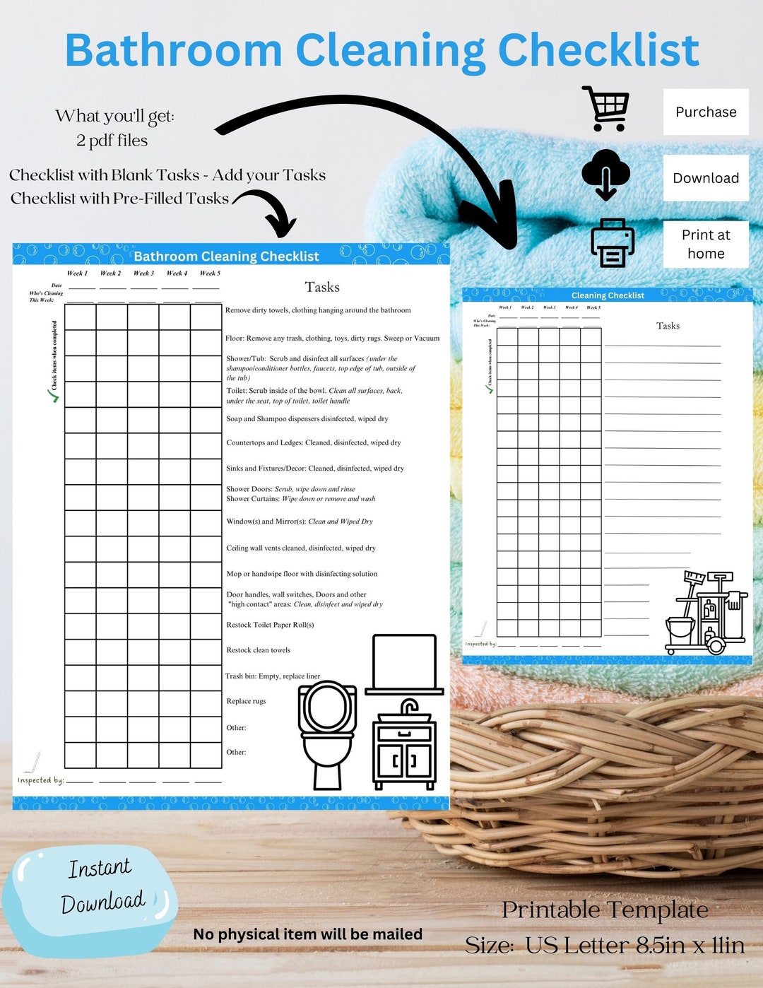 Bathroom Cleaning Checklist, Blank General Cleaning Checklist, Bundle ...