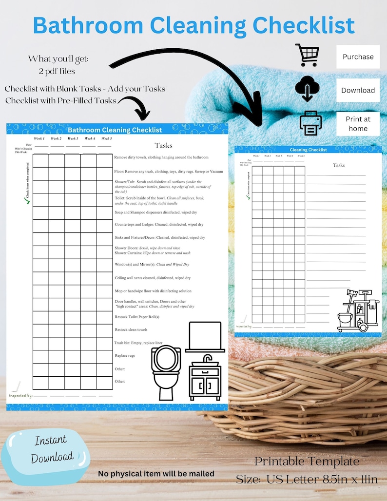 Bathroom Cleaning Checklist, Blank General Cleaning Checklist, Bundle ...
