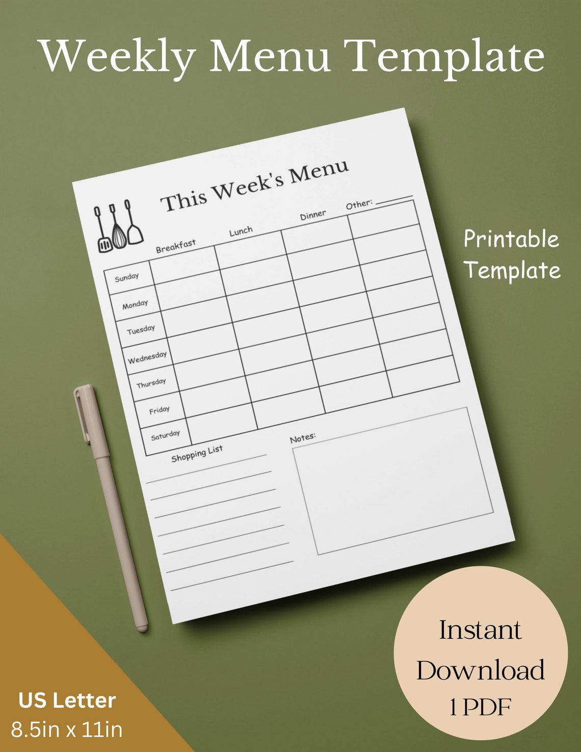Weekly Menu Planner Template Printable, Weekly Menu, Printable ...