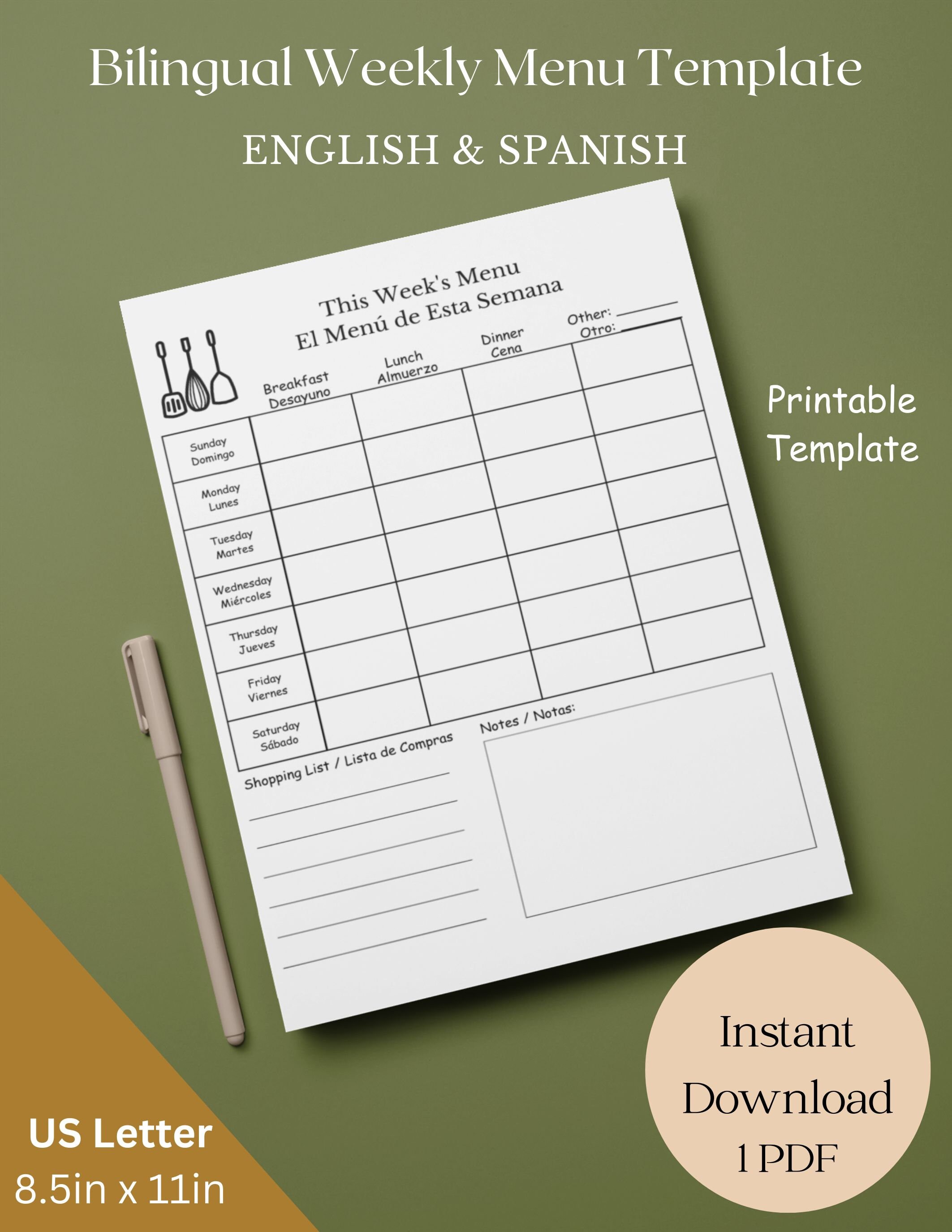 English & Spanish Version - Weekly Menu Planner Template Printable ...