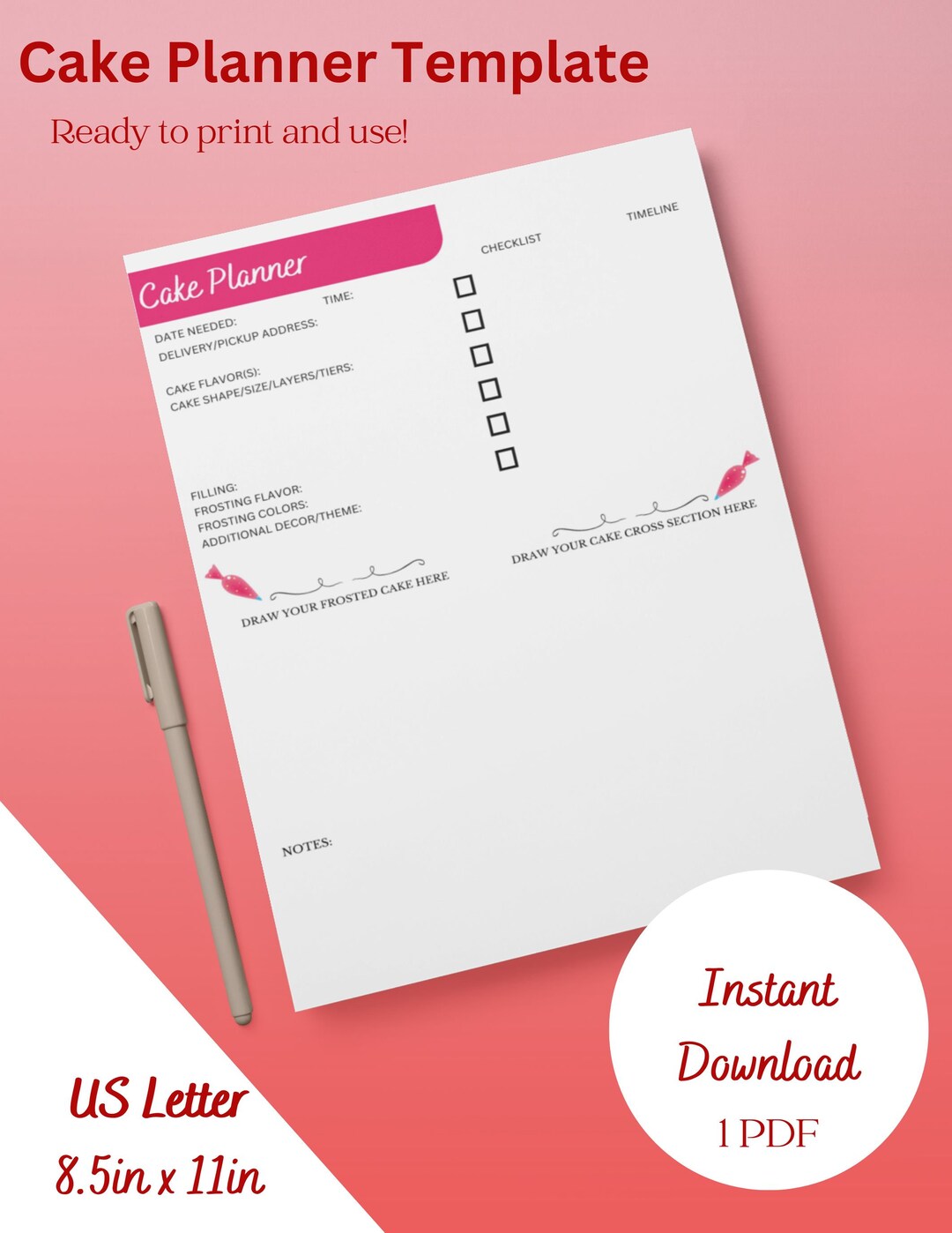 Cake Planner Template Printable, Cake Form Organizer, Bakery, Home ...