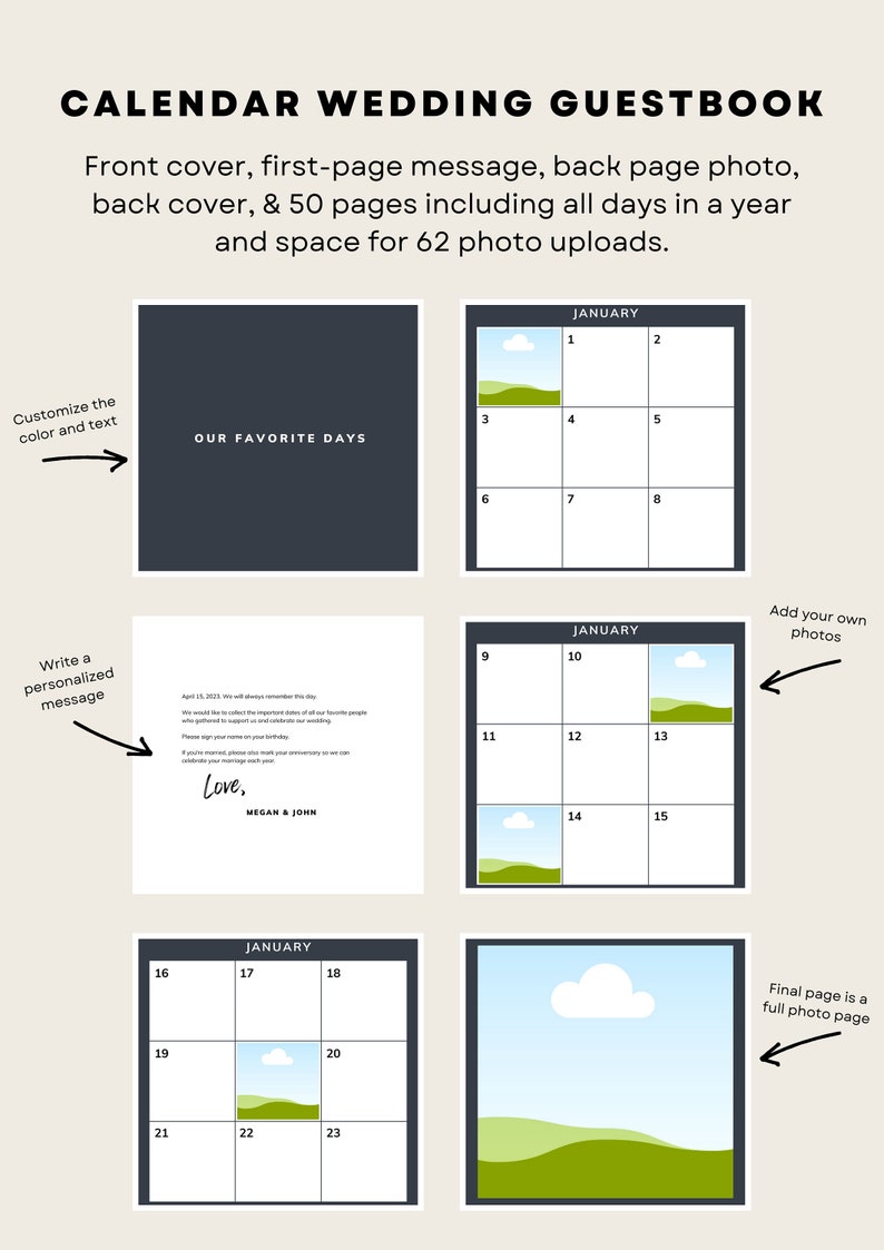 Perpetual Calendar Wedding Guestbook | Canva Template Download | Customize Photos, Text, Colors ...